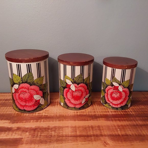 Kitchen | Vintage Tin Canister Set Of 3 Roses With Ladybugs And Wooden ...